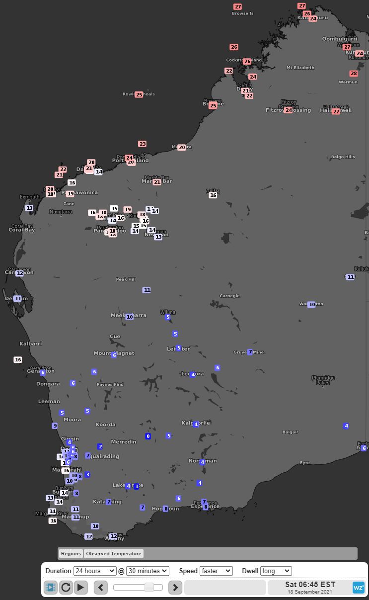 Mild minima in northern WA, frigid in the south
