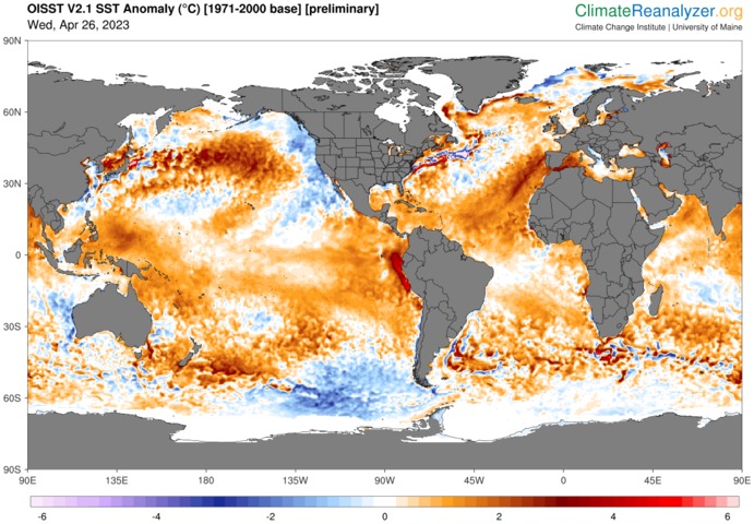 44 days of record warm global ocean temperatures