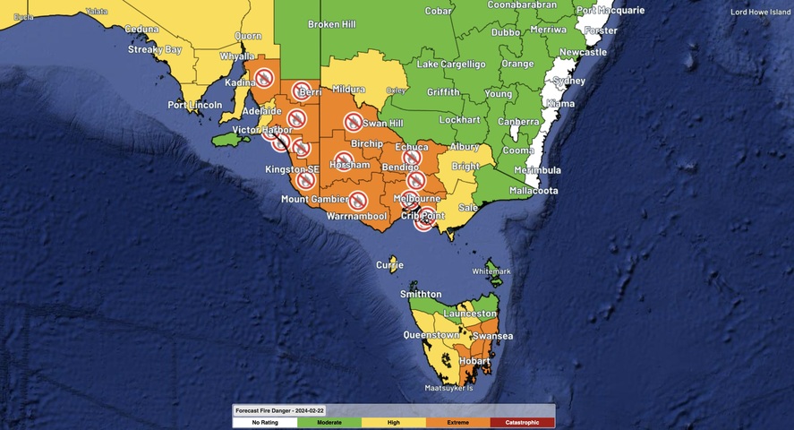 Extreme fire danger in Victoria, SA, Tasmania today